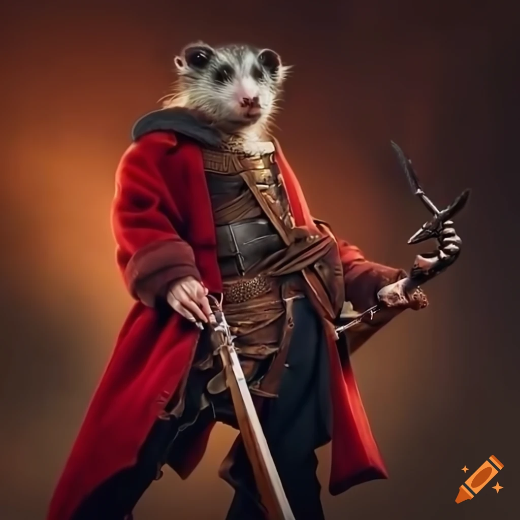 Low angle view of a fantasy Opossum-Musketeer wearing red-surcoat over ...