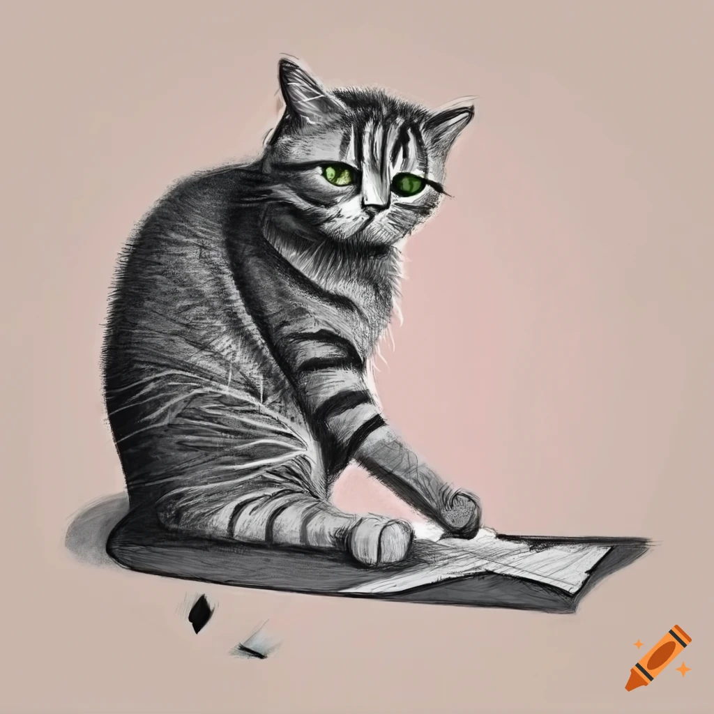 A cat writing something on a piece of paper in pencil drawing style