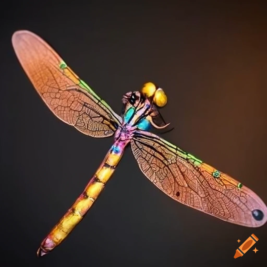 A metallic dragonfly crafted from fan blades, painted in copper on Craiyon