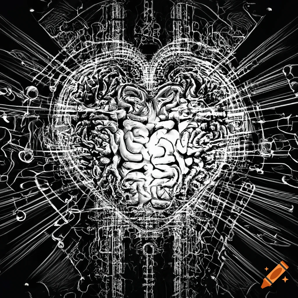 Abstract illustration of heart-brain connection black and white