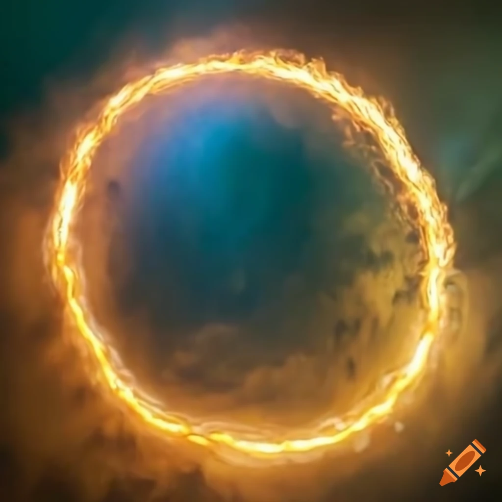 A glowing golden energy electrical ring floating in the jungle on Craiyon