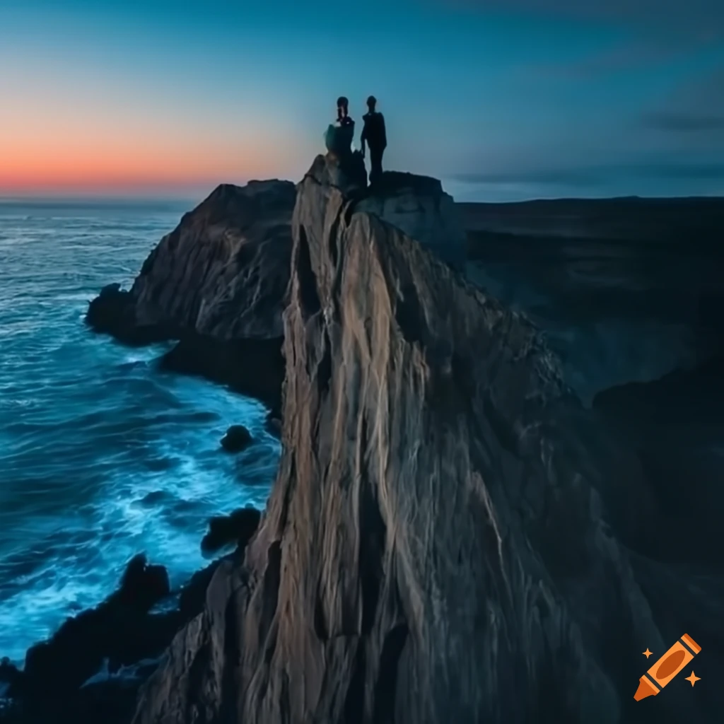 Man standing on a high cliff near an ocean, dramatic landscape