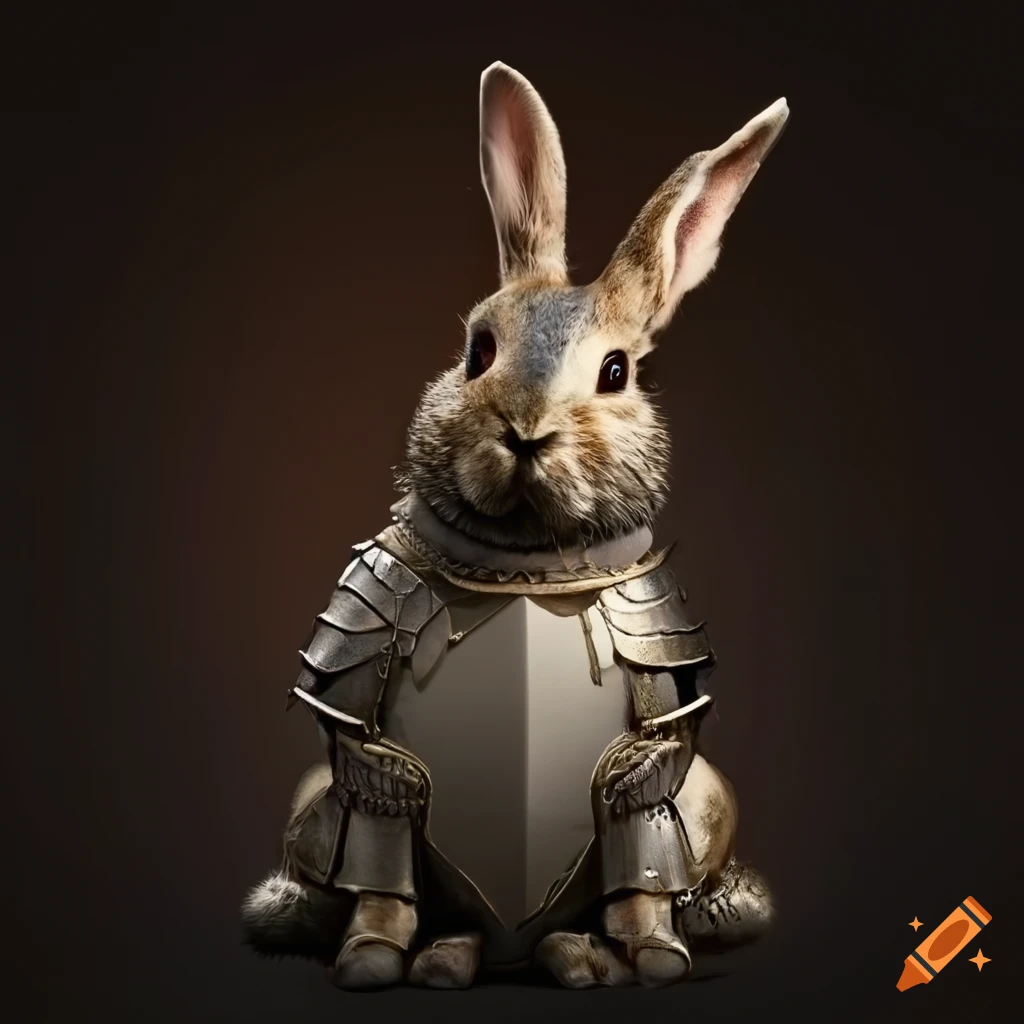 Photograph of a realistic sitting rabbit wearing knight's armor on Craiyon