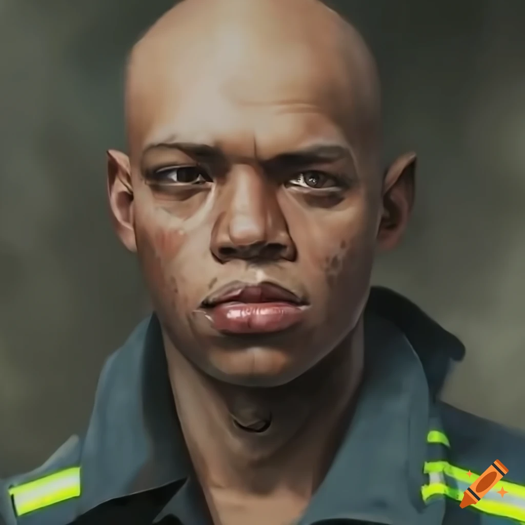 Male,has a short black goatee, African American, bald, firefighter ...