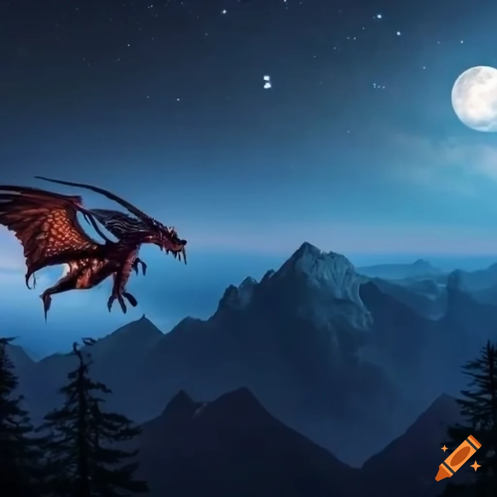 A dragon flying across a night sky above a forest witin the mountains ...