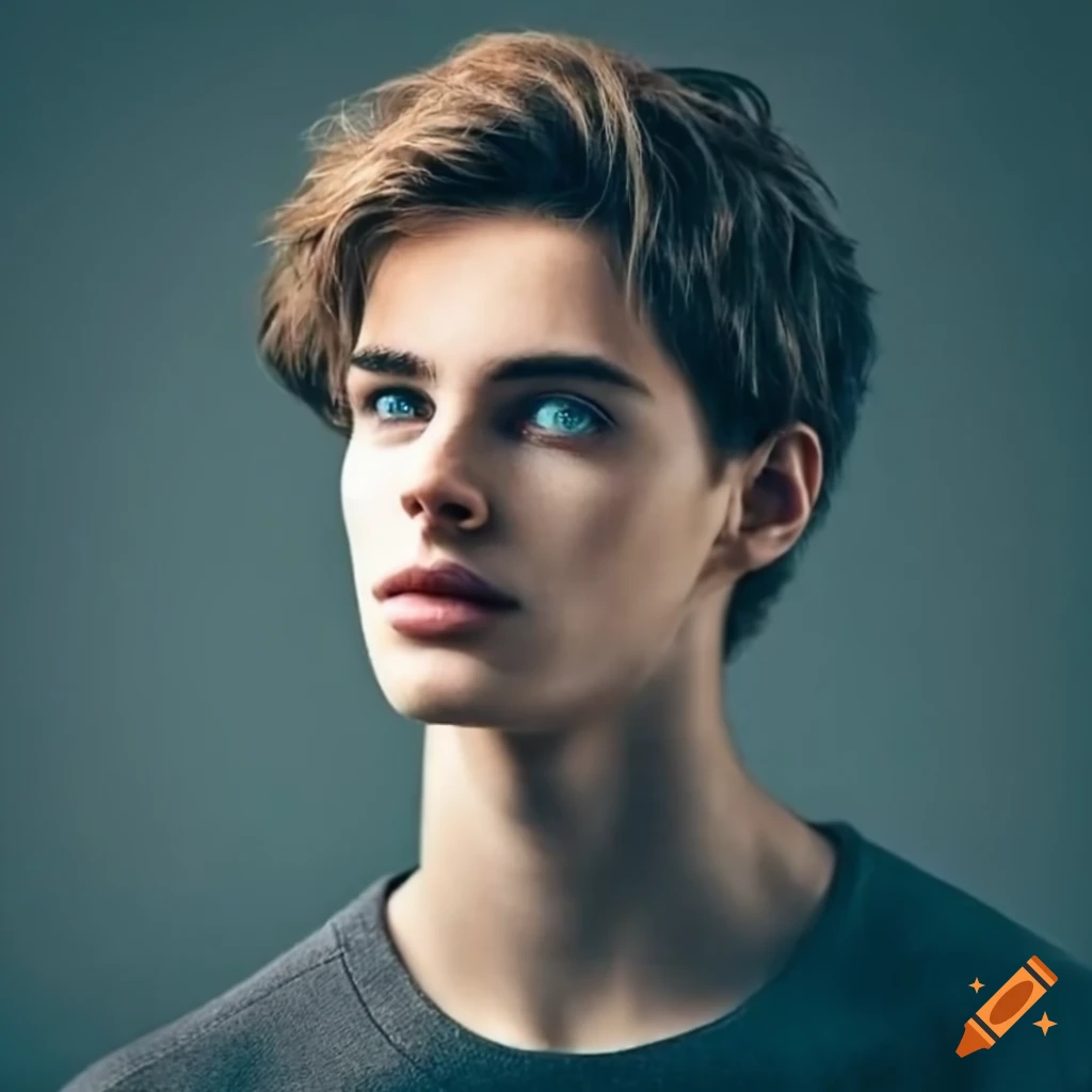 A handsome strong young man with french heritage, brown hair, blue eyes ...