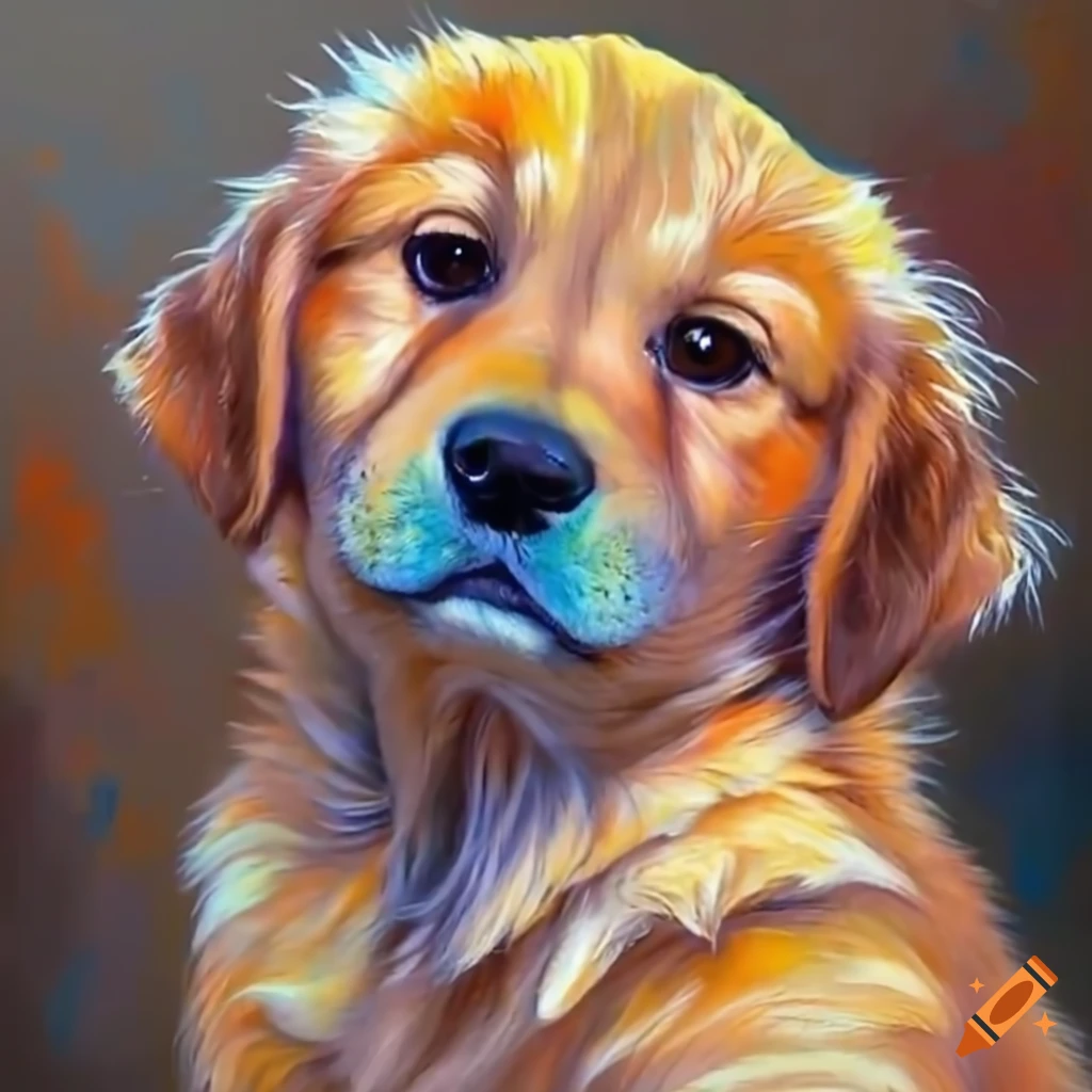 Golden retriever puppy with large eyes squinting looking up