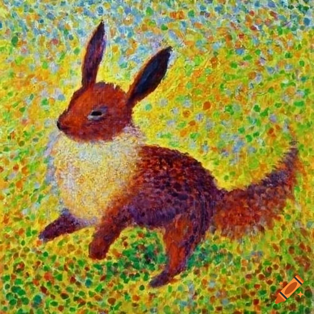 Eevee running through a grassy field, painted by Georges Seurat ...