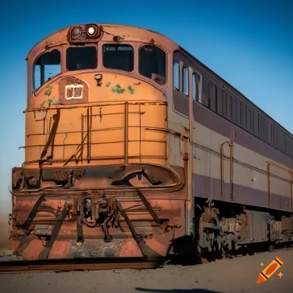 A massive old diesel train on desert terrain on Craiyon