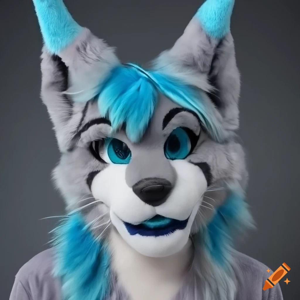 Gray feline fursuit with light blue cheeks, dark blue ears, orange eyes ...