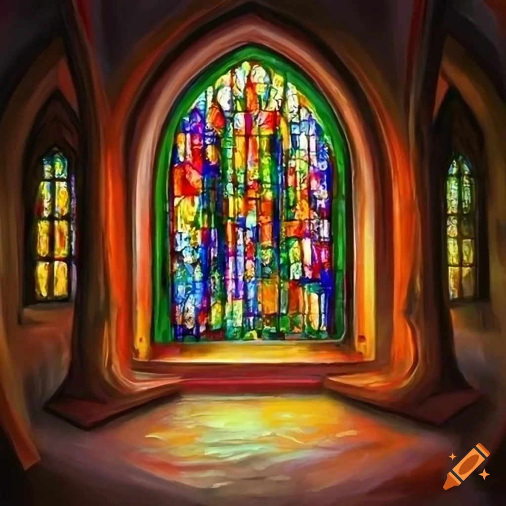 Realistic painting of the insights of a church with colourful windows ...