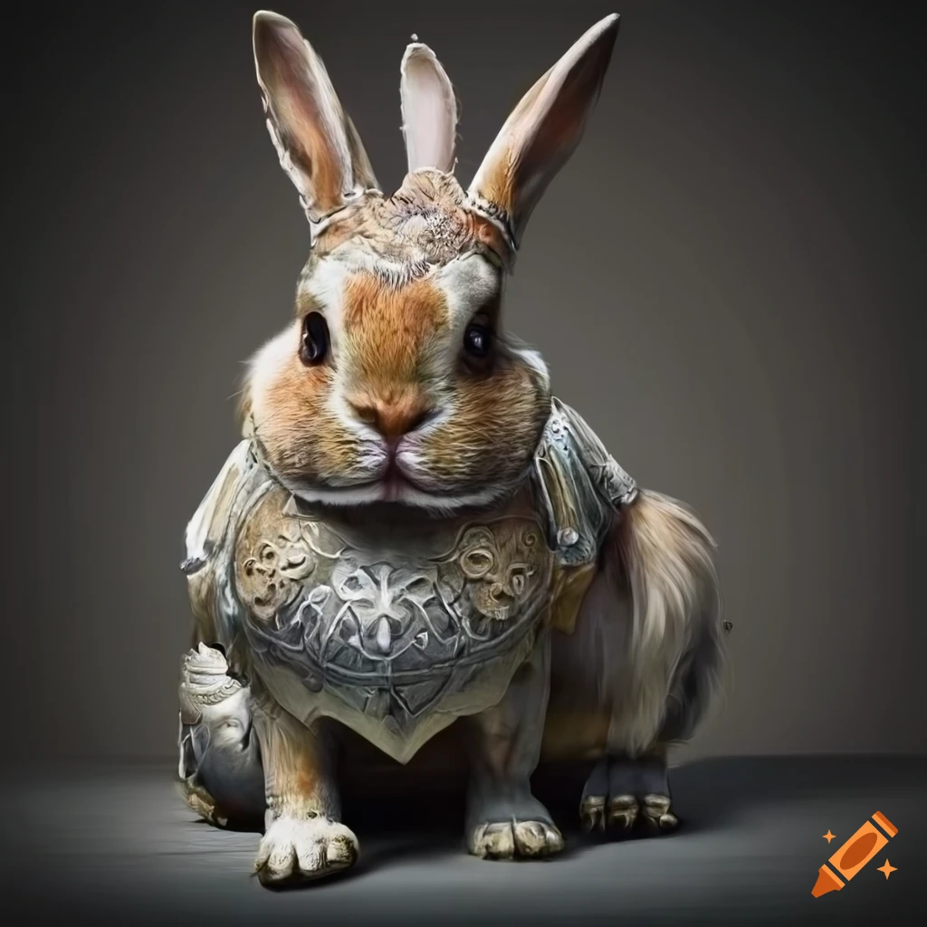 Photograph of a realistic crouching rabbit wearing fantasy-style armor ...