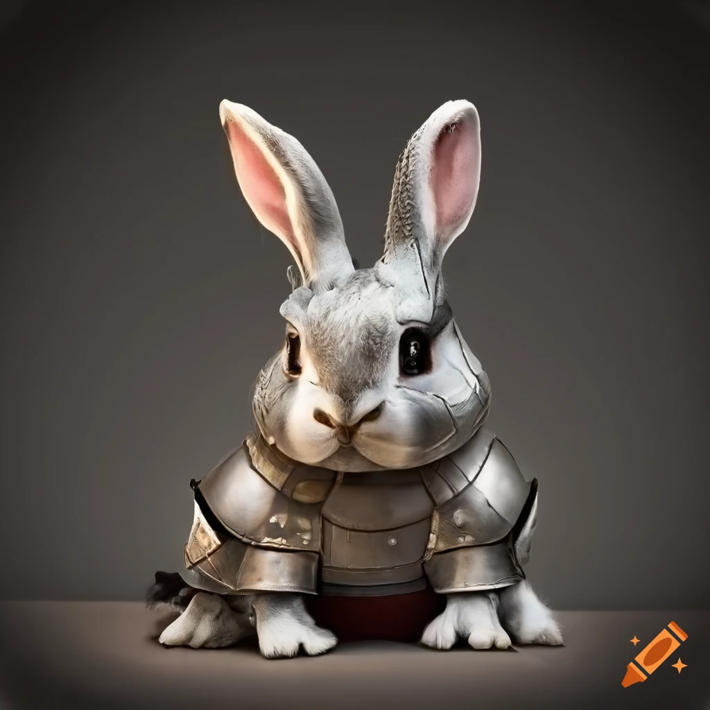 Photograph Of A Realistic Sitting Rabbit Wearing Knights Armor