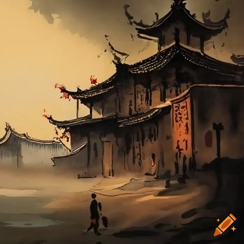 Chinese ink painting ink-and-wash painting ancient times town training ground on Craiyon