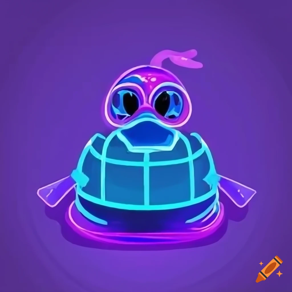 Smiling neon blue cartoon doodle duck in helmet retrowave style
