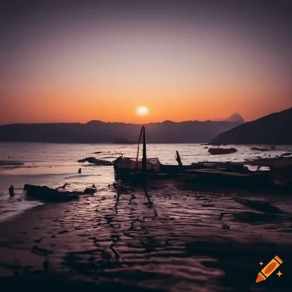 A gloomy village in poor condition on the seashore against the sunset ...