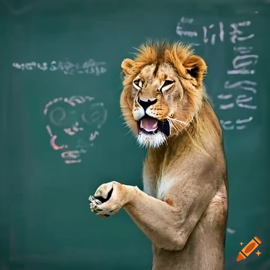 A lion as a professor, standing in front of a chalkboard in a classroom ...