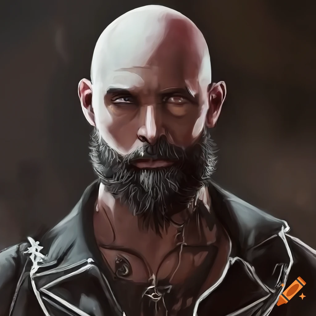 Male, has black beard, bald, biker, wearing biker vest, wearing shirt ...