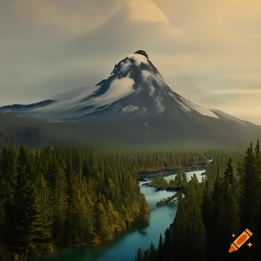 Landscape of rolling oregon pine forests with a river winding through ...