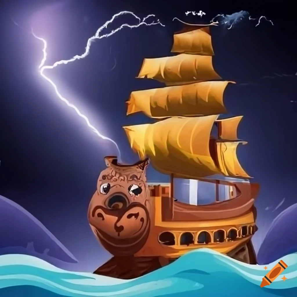 A quokka sailing on a pirate ship in a storm with thunder in the sky on ...