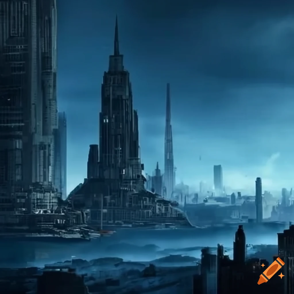 Star Wars city with ships amidst towering skyscrapers, in daylight on ...