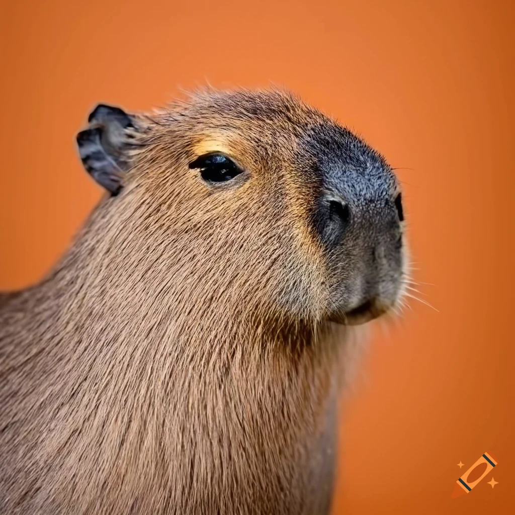 Left Side of a sitting Capybara with a orange background close up of ...