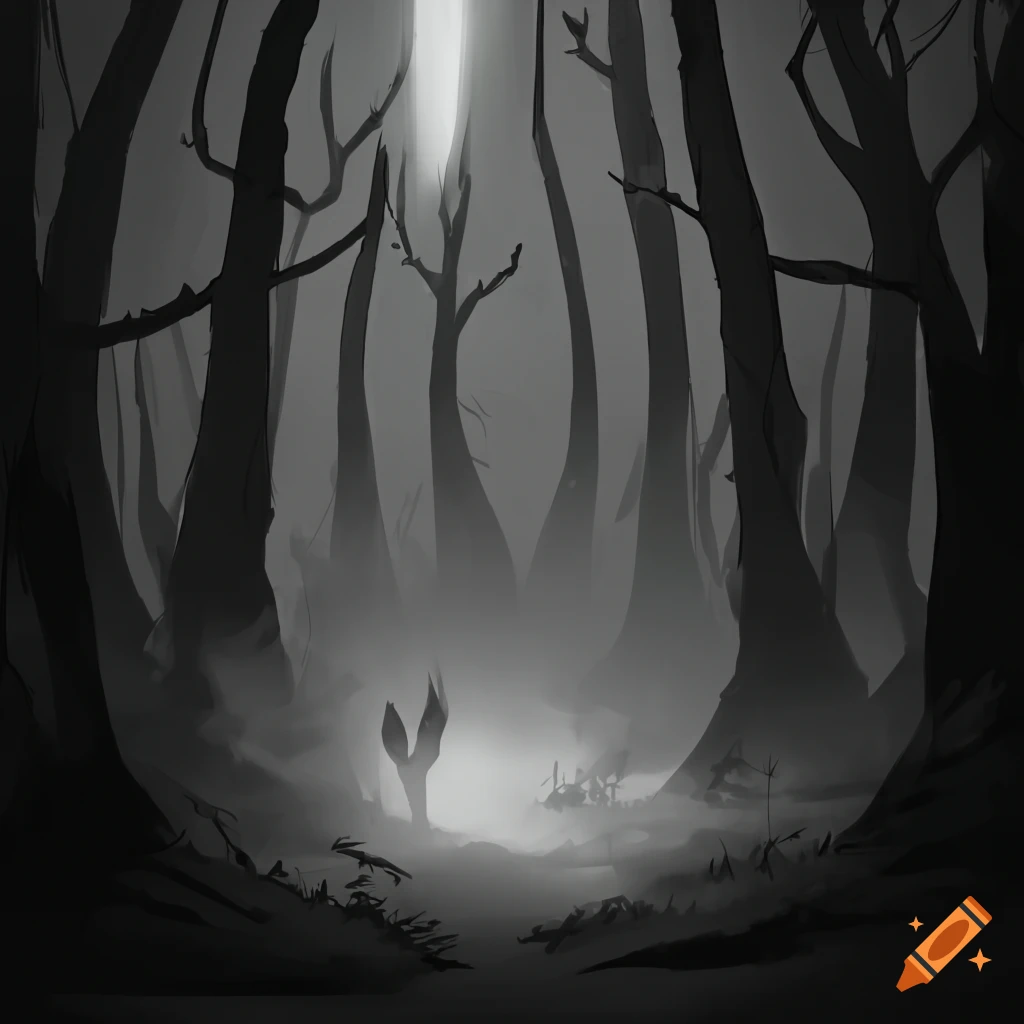 Dark forest, background art, greyscale