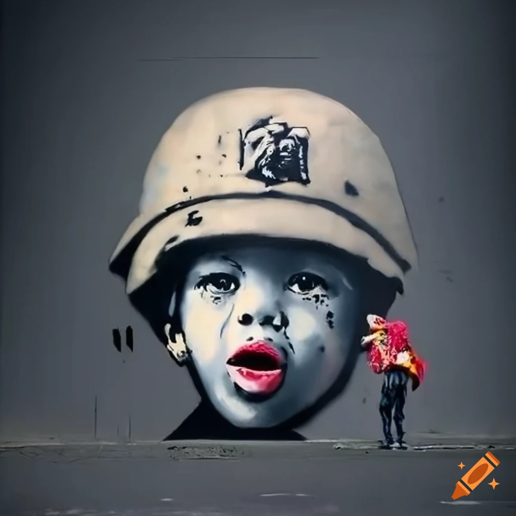 No war graffiti art in banksy's distinct style on Craiyon