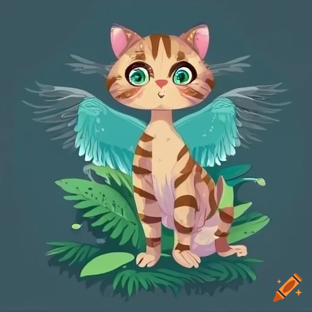Brown tabby angel cat in the jungle happy like fairy tale on Craiyon