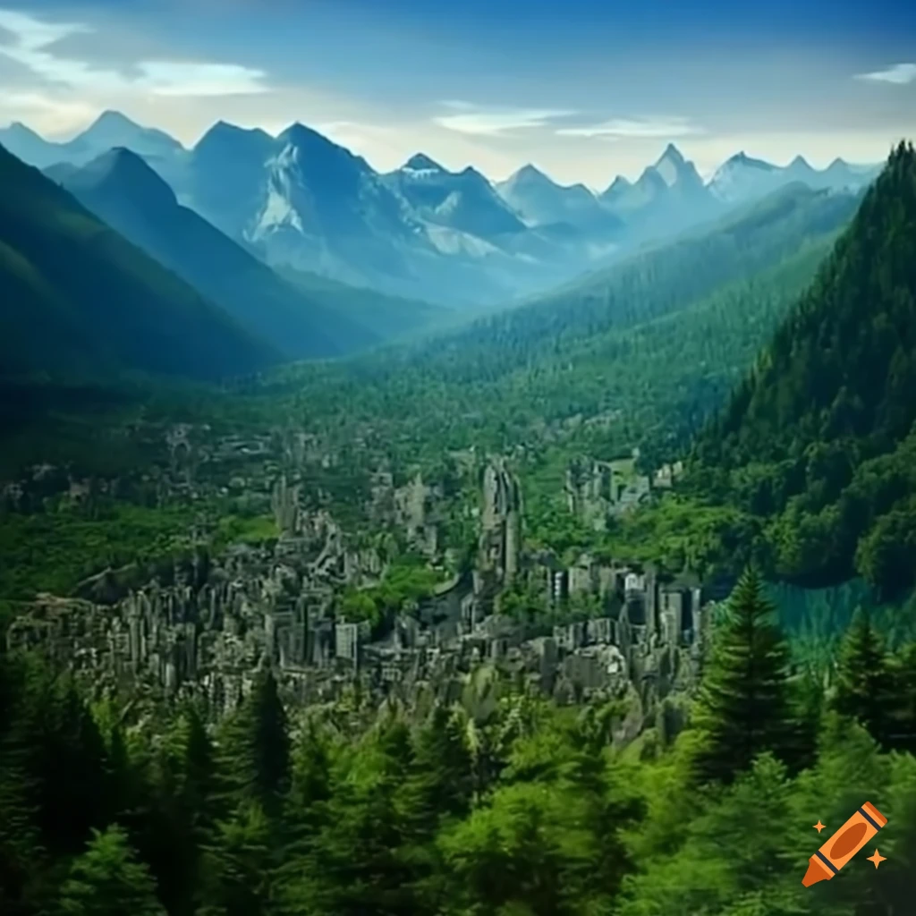 A city surrounded by mountains and forests on Craiyon