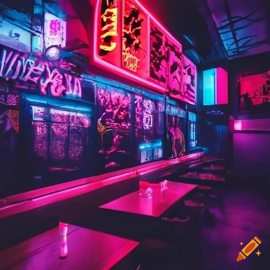 Cyberpunk themed restaurant with neon japanese signage on Craiyon