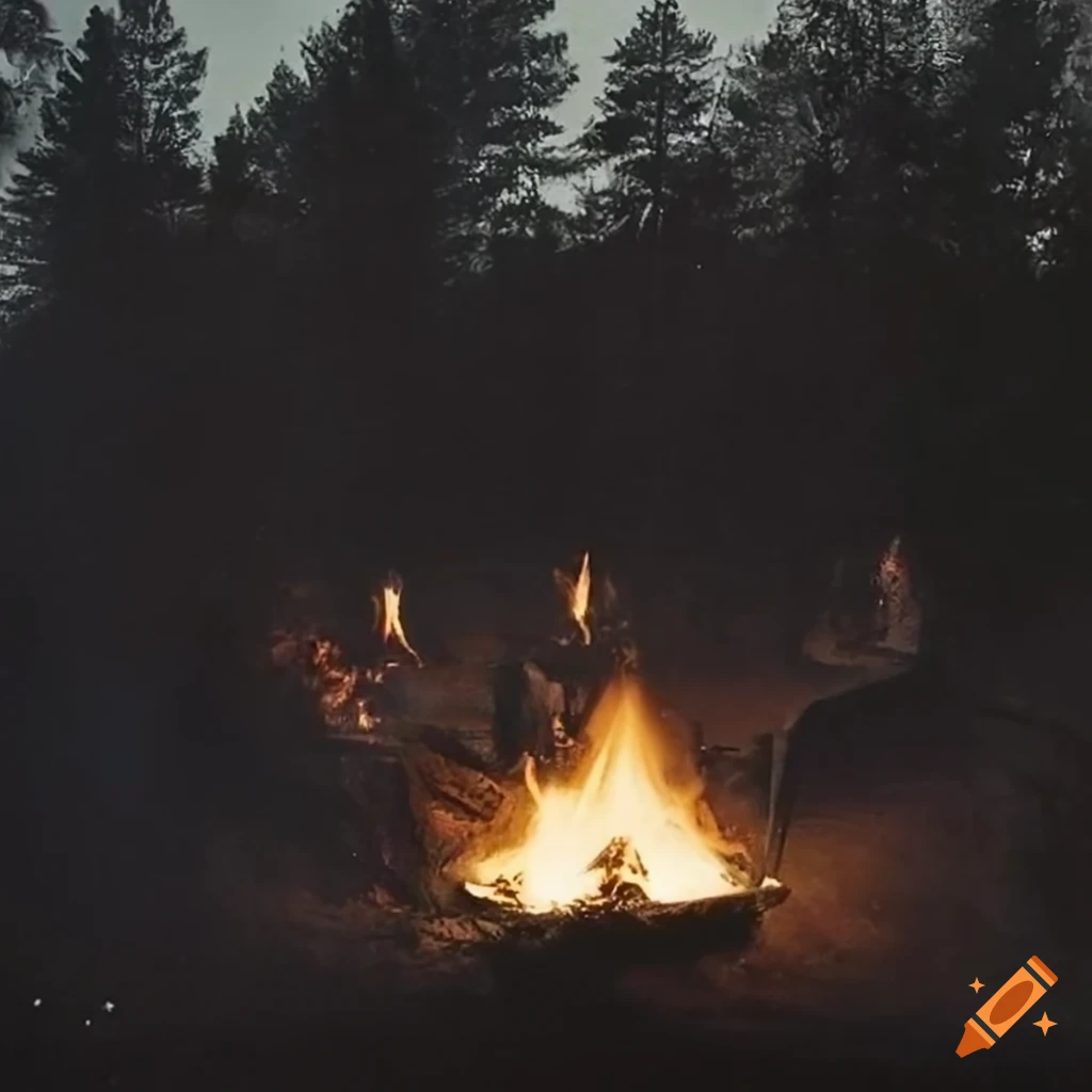 Pioneer woman on the frontier at night near a campfire circa 1800