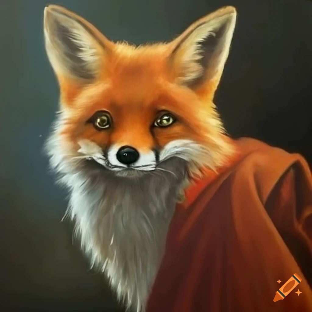 A fox with a third eye wearing a monk robe and prayer beads