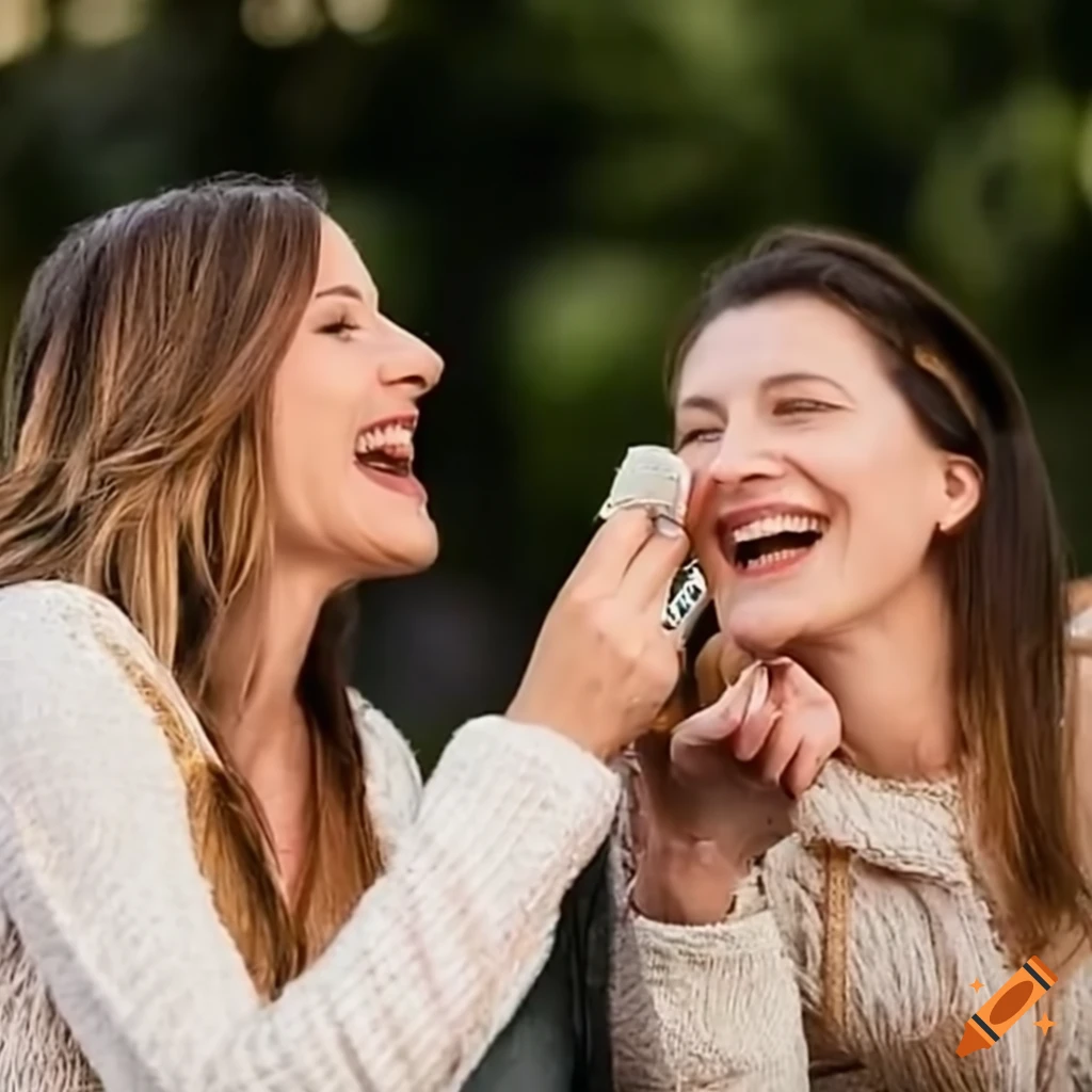 A realistic, detailed, photo of two women laughing together while at brunch