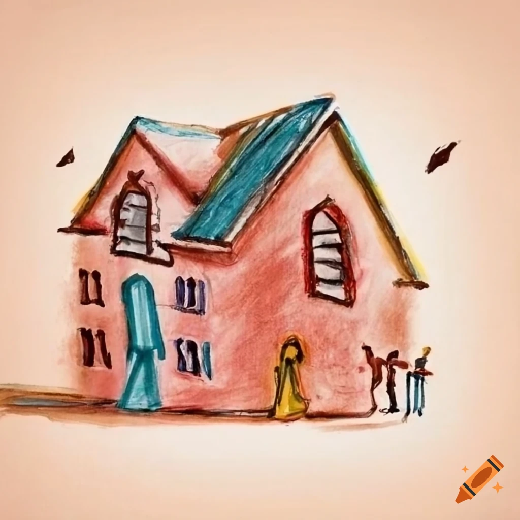 Crayon drawing of people going back to their house from the back