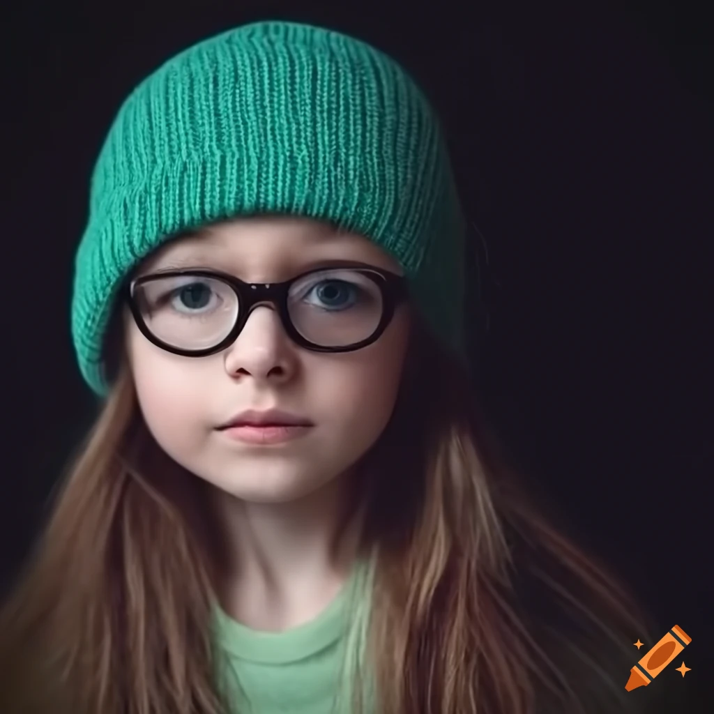 A nearsighted girl with black-rounded glasses wear beanie