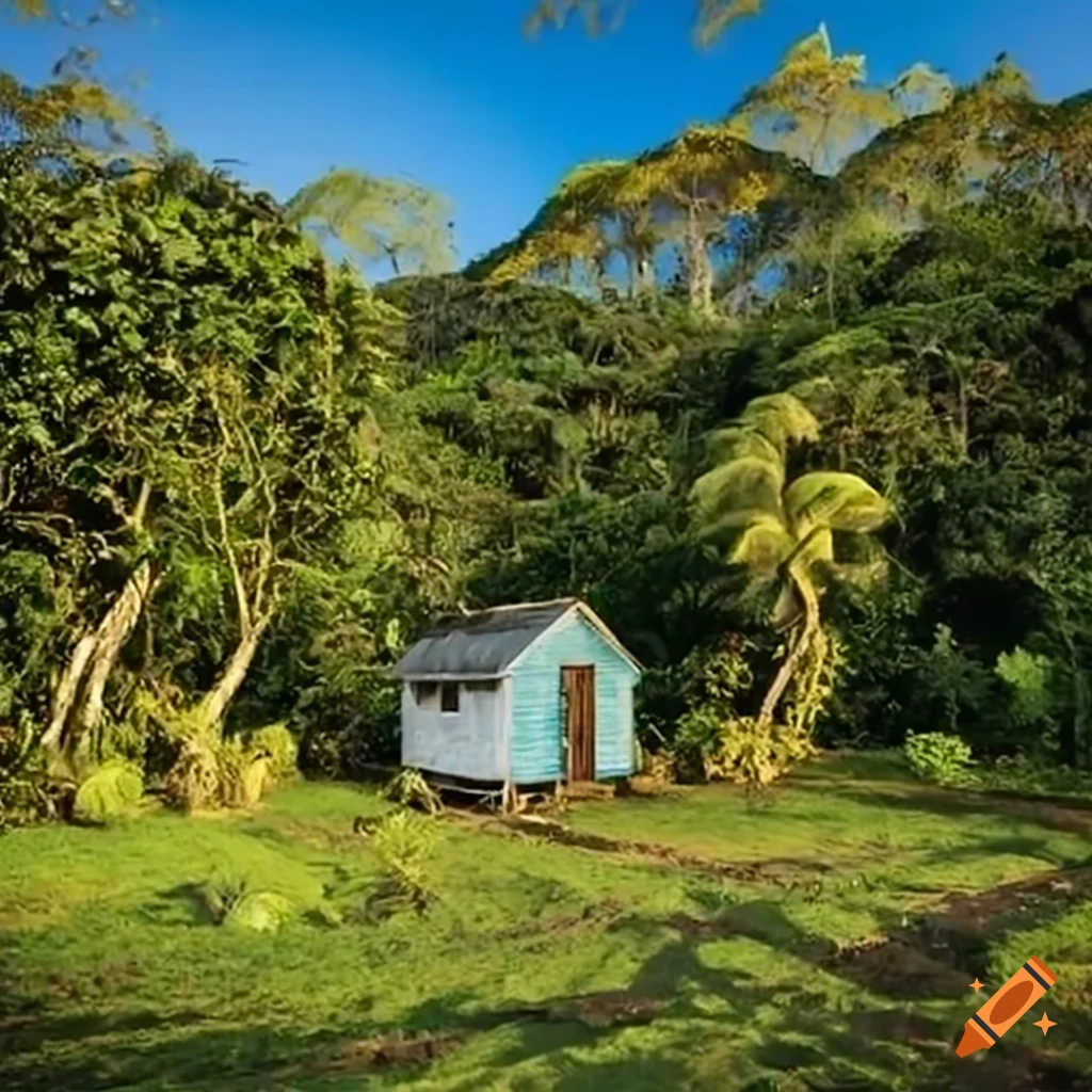Happy hawaiian food forest homestead with a loft-style tinyhouse on Craiyon