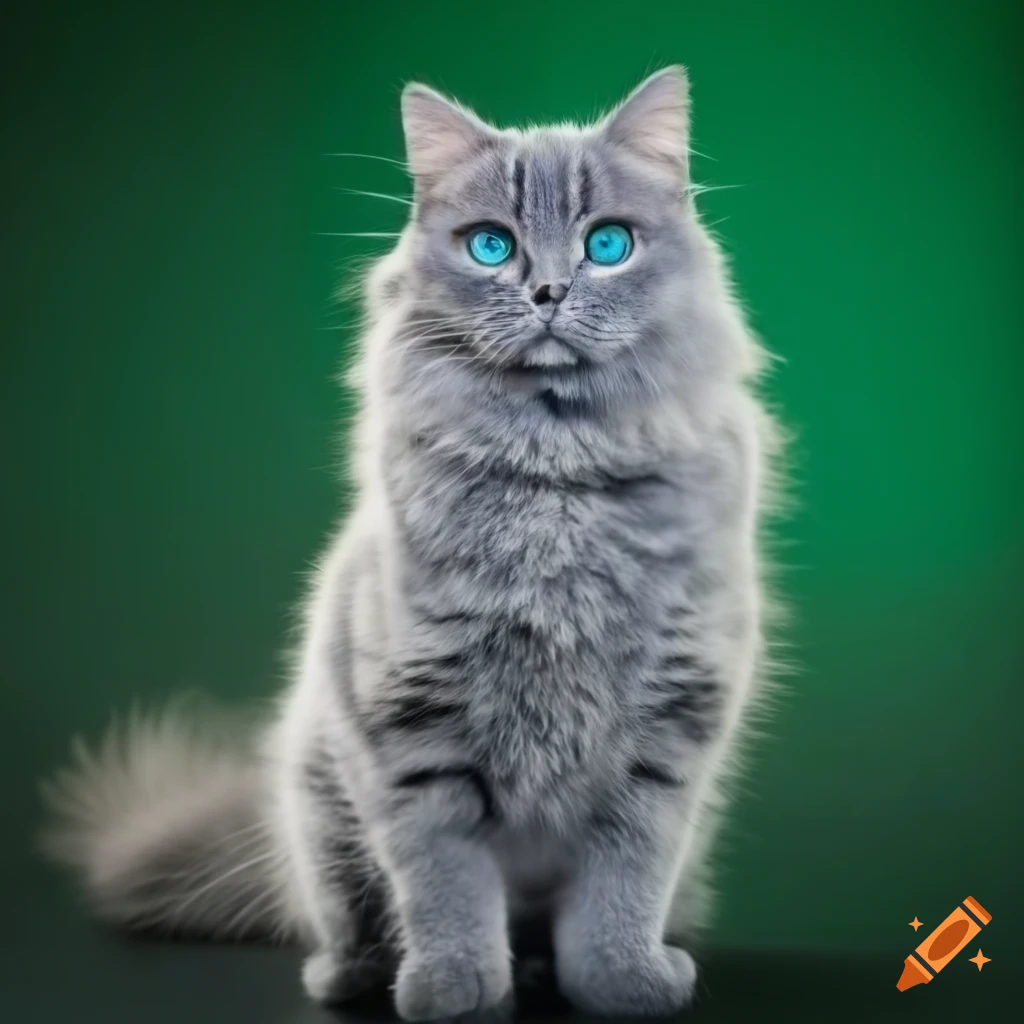 Blue fluffy cat with green background