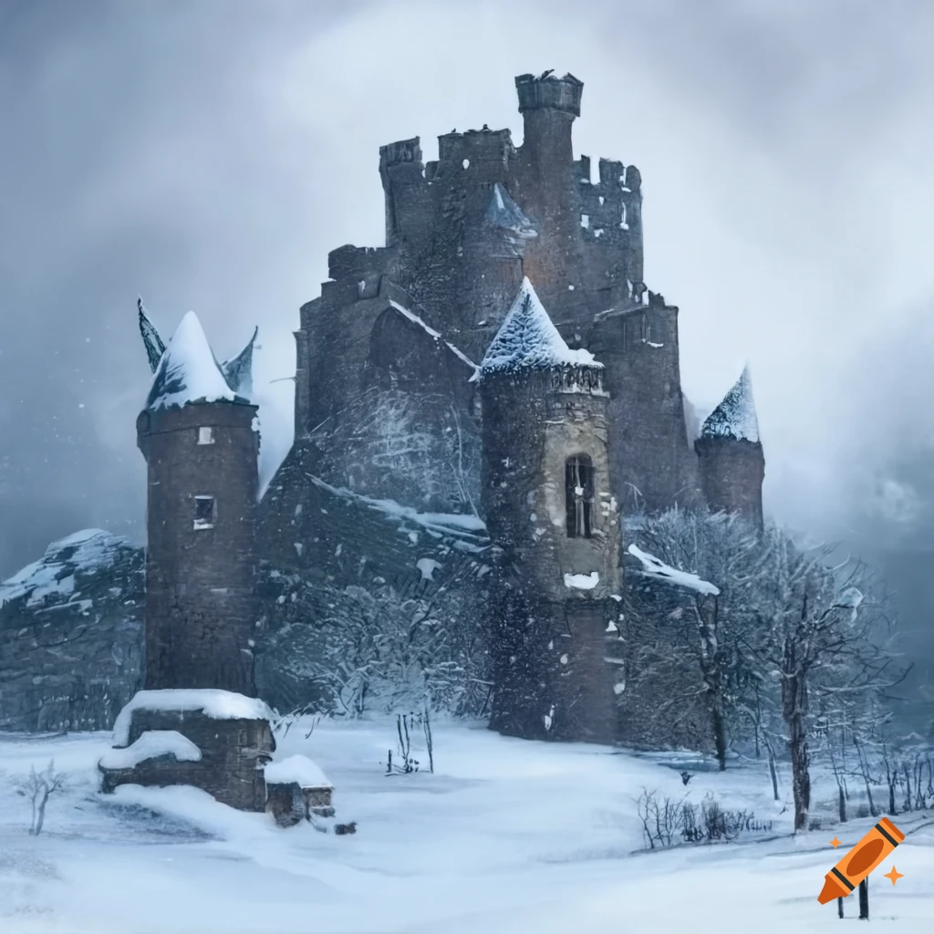 Mideval castle in a snow storm with elves