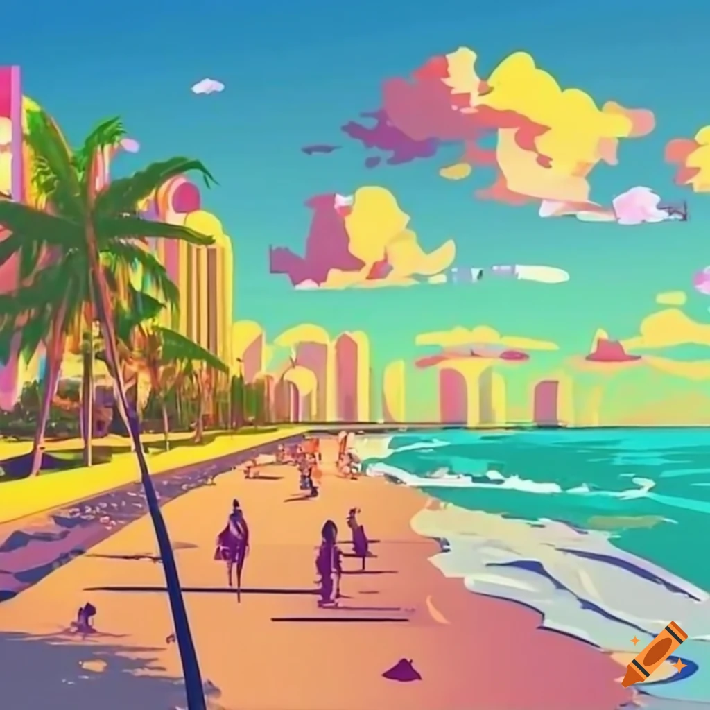 South Beach Cartoon Poster The Most Beatiful Miami Illustration