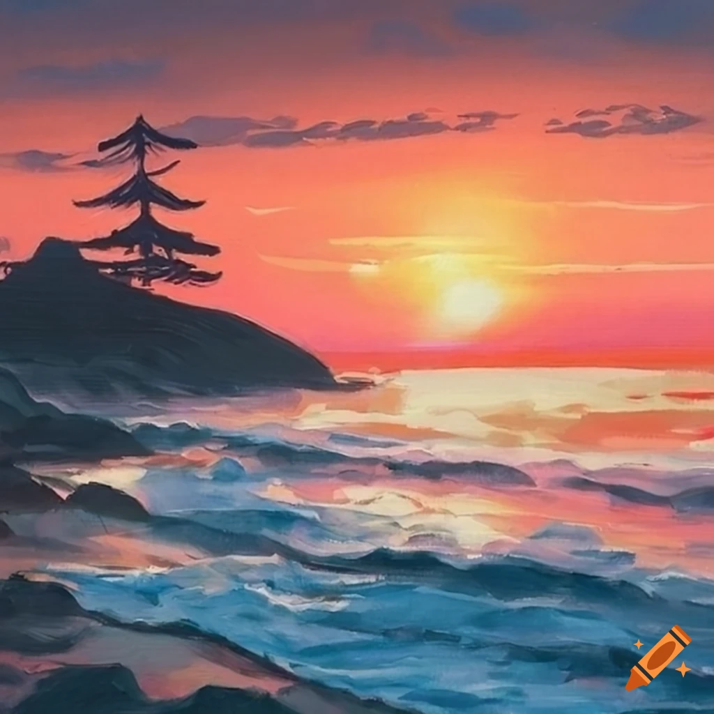 Painting of a beach with a sunset, japanese style painting, melancholy ...