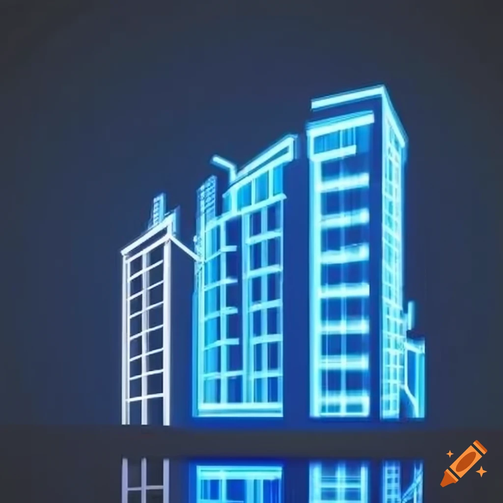 HR construction company logo in blue neon with building silhouettes on ...