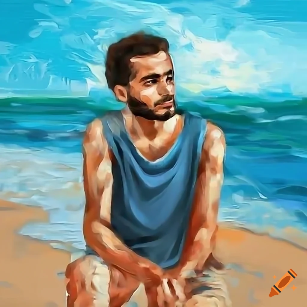 Portrait of young bearded syrian man smilling at the beach with waves ...