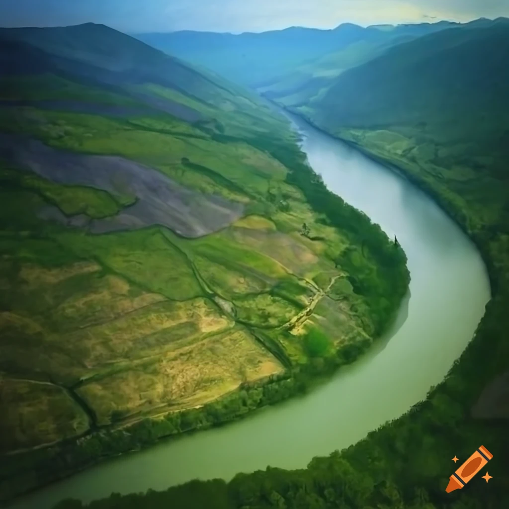 An aerial view of a river valley, realistic