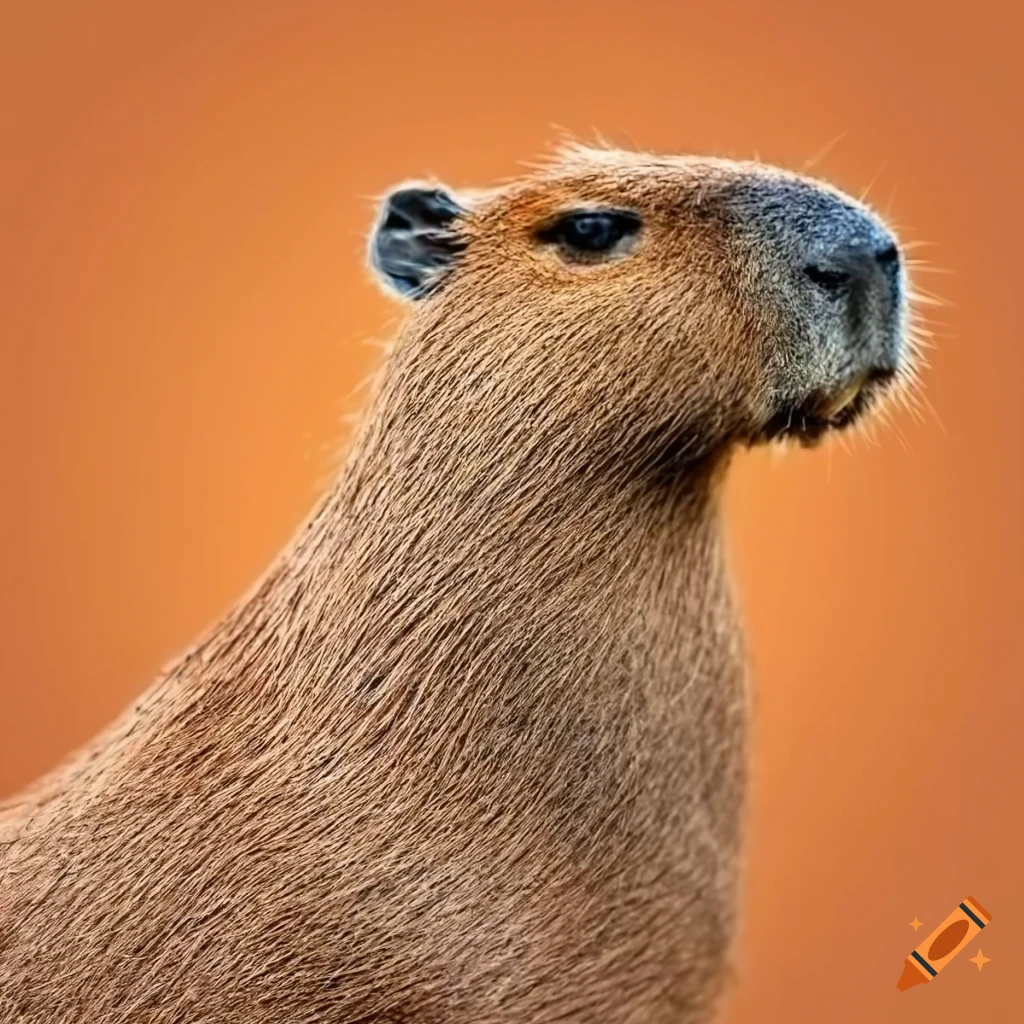 Left side of a sitting capybara with a orange background close up of ...