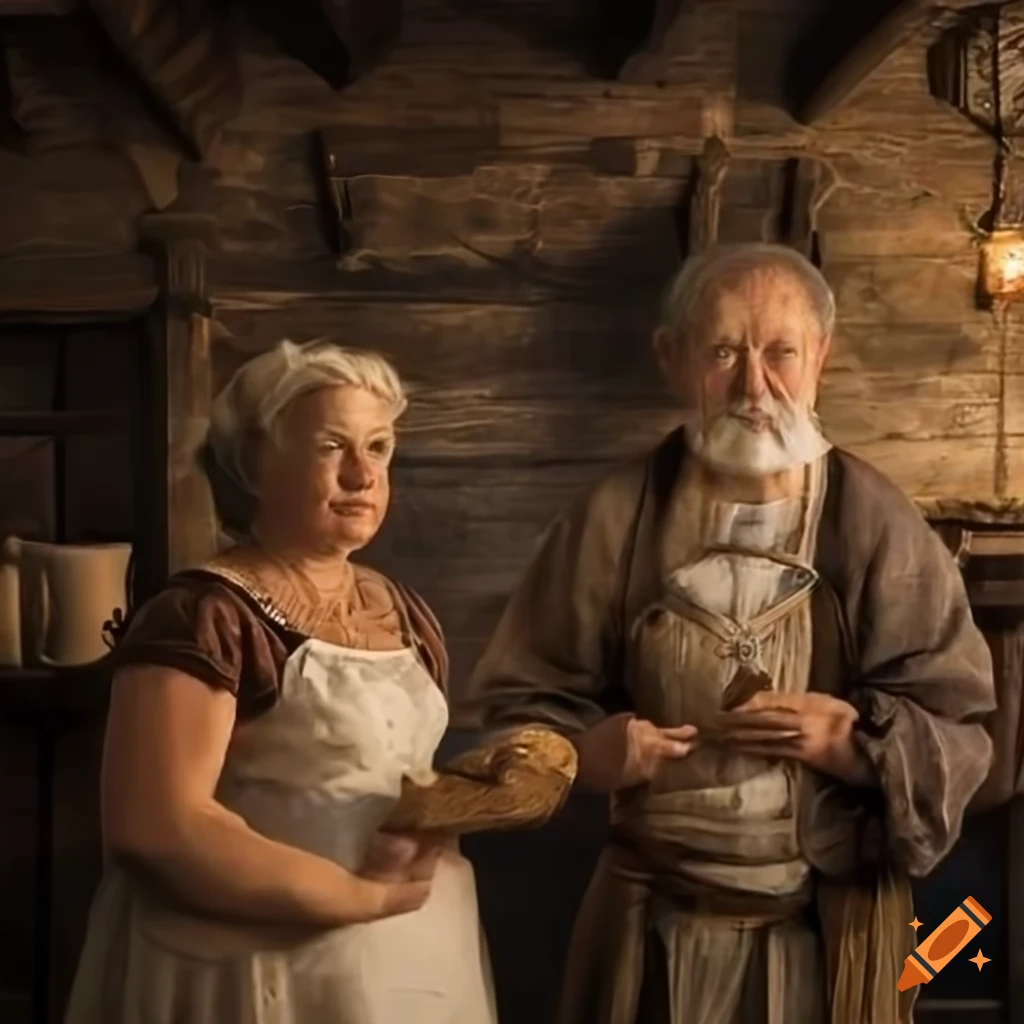 Middle aged innkeeper husband and wife, medieval tavern in the ...