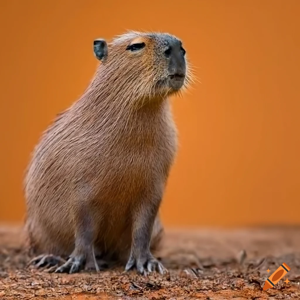Right side of a sitting capybara with a orange background
