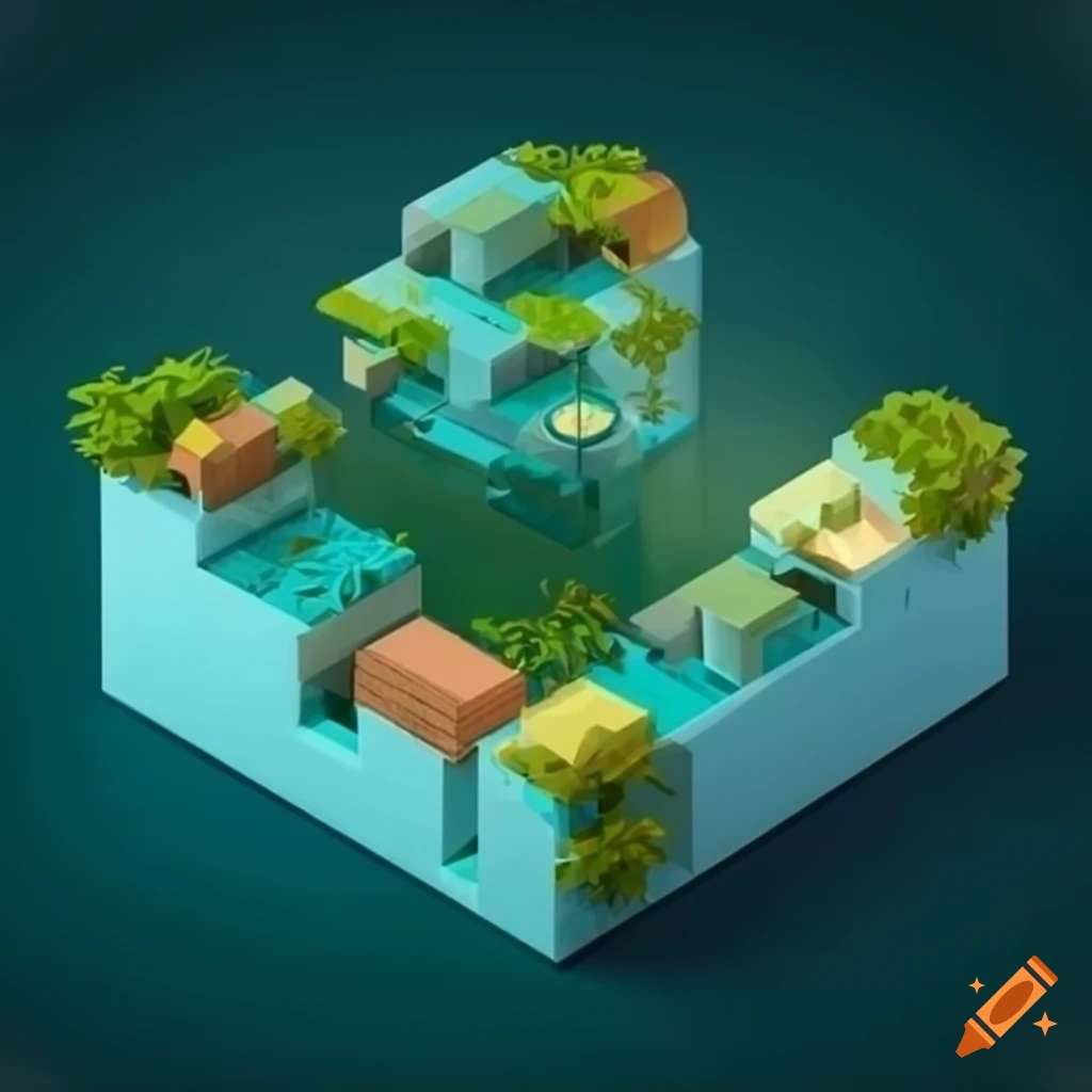 A soothing isometric room cube with water garden on Craiyon