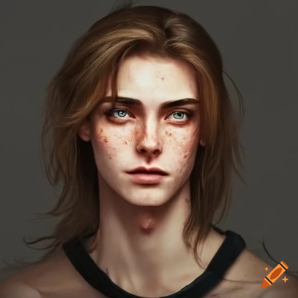 Young guy with dark green eyes, long brown hair, and freckles on Craiyon