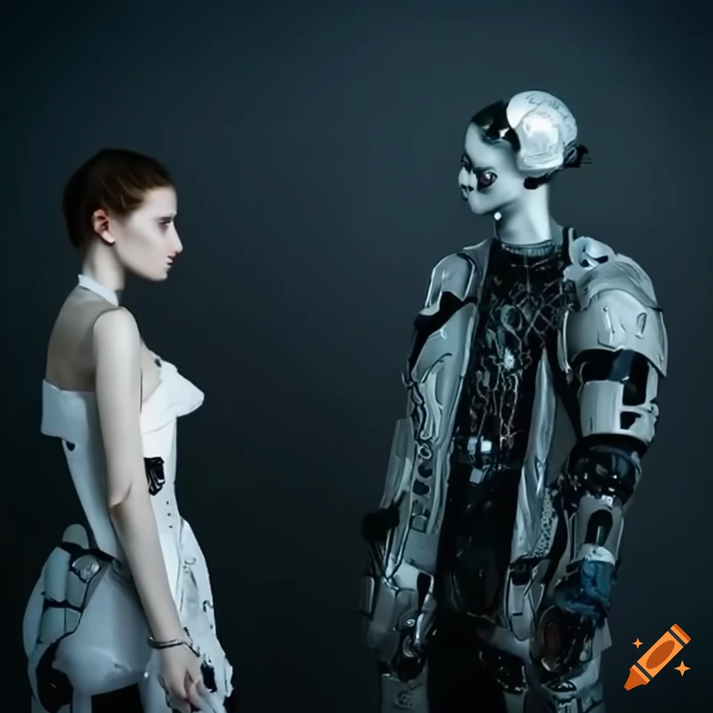 A cyborg having a conversation with a person on Craiyon